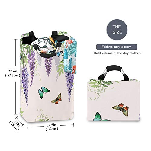 OTVEE Tropical Purple Flowers Butterfly Kids Laundry Basket Folding Laundry Hamper Organizer for Clothes Toy Book Storage