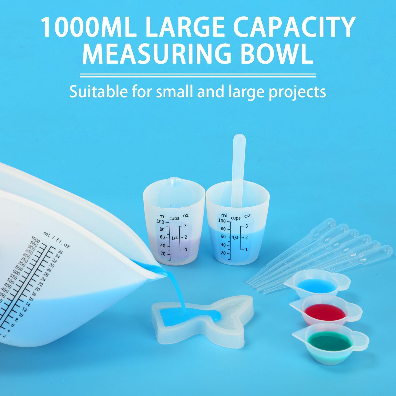 Creahaus 1000ML Large Silicone Measuring Cups for Resin, Easy to Read 36oz Silicone Mixing Bowl with 100ML Silicone Resin Mixing Cup, Easy Clean Reusable Epoxy Resin Supplies with Stir Stick, Pipettes