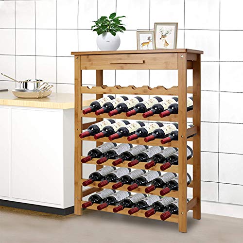 Kinlife Bamboo 6-Tiers Wine Rack with Drawer Free Standing Holder Storage Display Shelves for Storing 36 Bottles with Table Top
