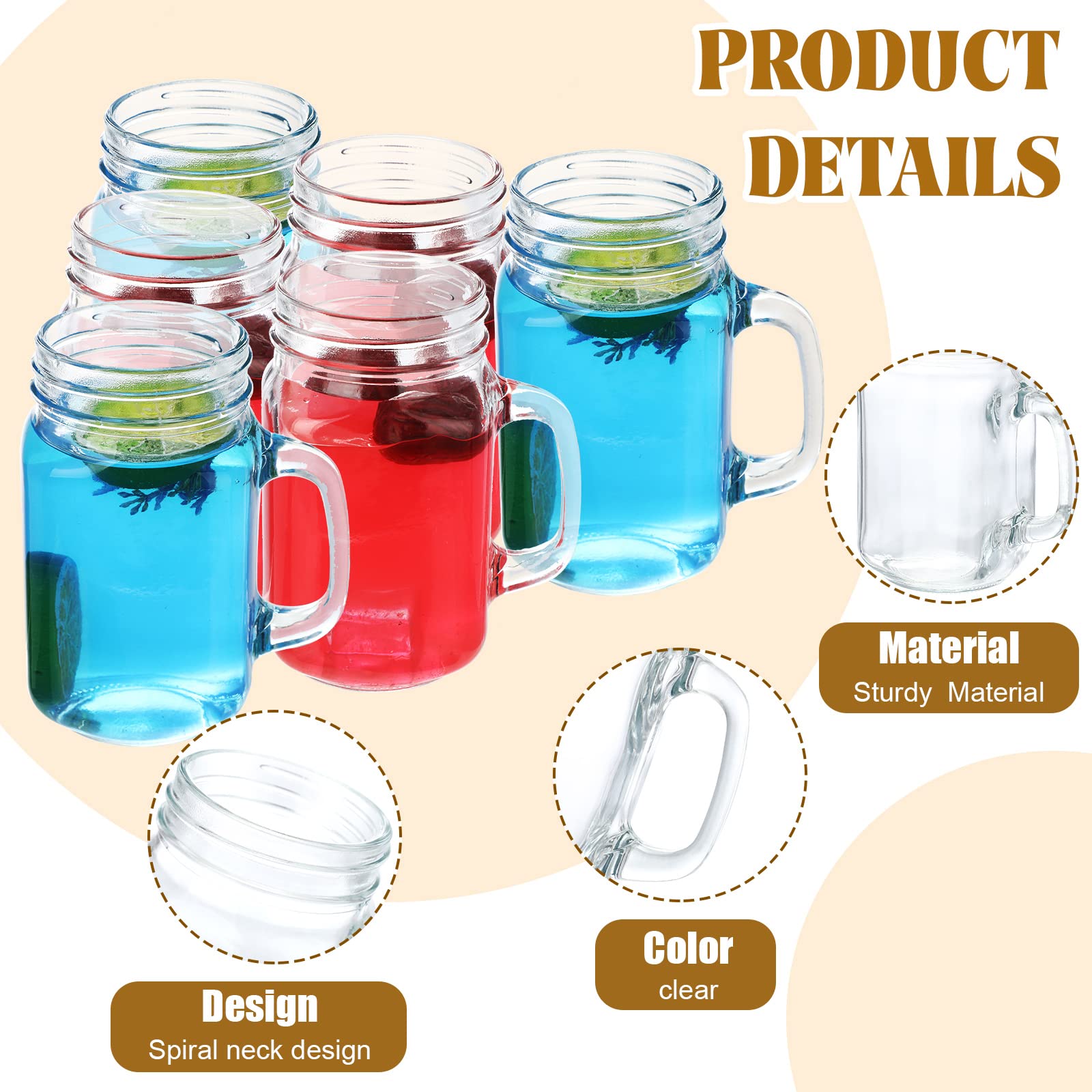 Dandat 50 Pcs 16 oz Glass Mason Drinking Jars Bulk with Handle Mason Jar Cups Mugs No Lids Clear Canning Jars with Handles for Farmhouse Kitchen Beer Cold Beverages Juice Coffee Sodas Cocktails Shakes