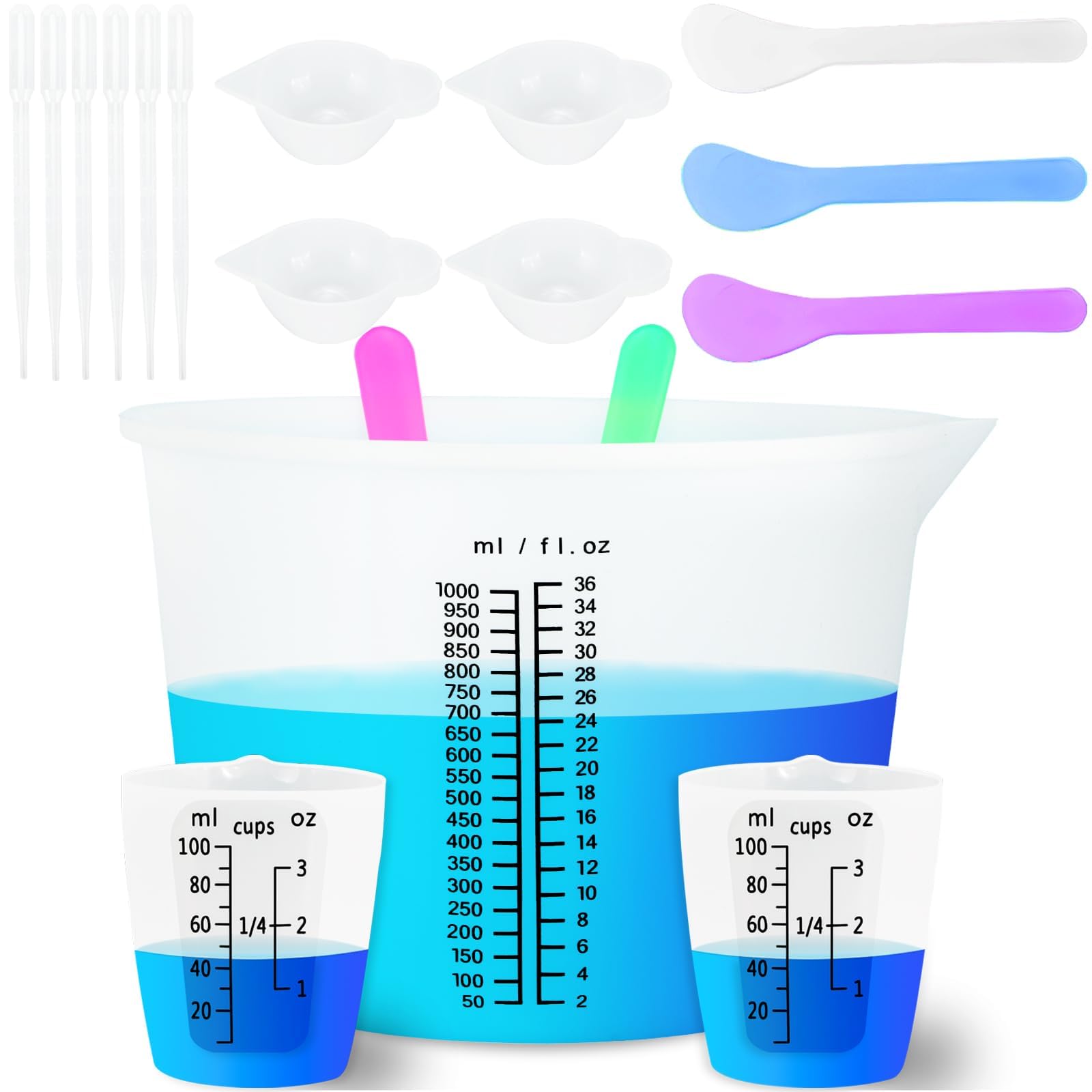 Creahaus 1000ML Large Silicone Measuring Cups for Resin, Easy to Read 36oz Silicone Mixing Bowl with 100ML Silicone Resin Mixing Cup, Easy Clean Reusable Epoxy Resin Supplies with Stir Stick, Pipettes