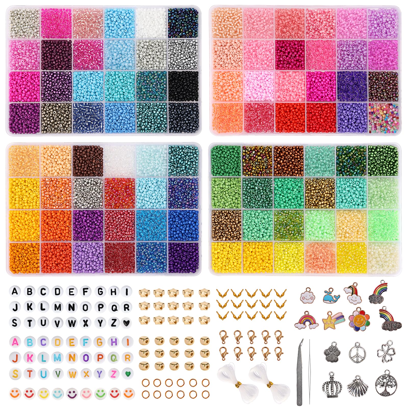 QUEFE 24000pcs 3mm Glass Beads for Jewelry Making Kit, 96 Colors Glass Seed Beads with Pendant Charms and Letter Beads for Friendship Bracelets Necklace Earring Ring Making