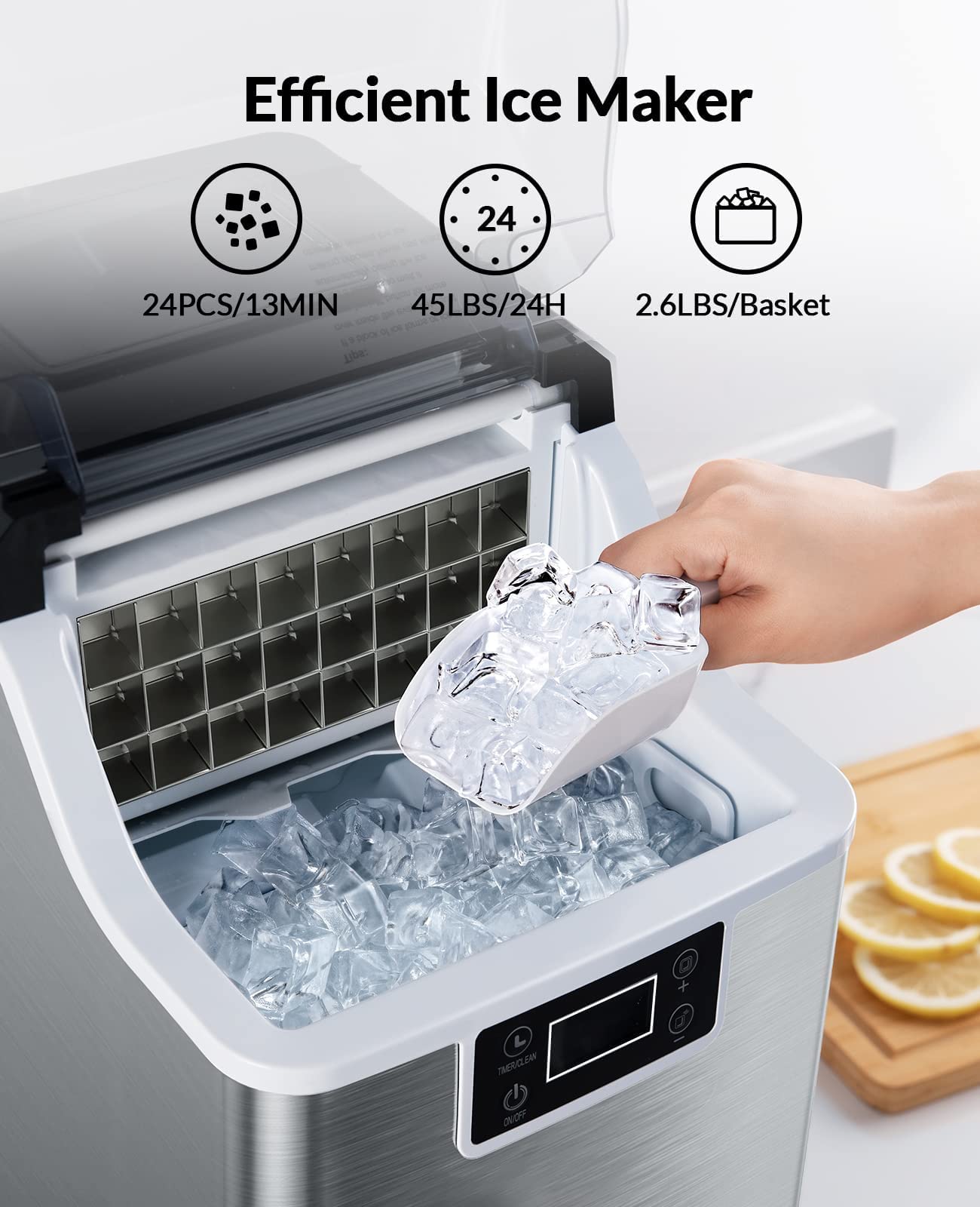 Silonn Countertop Ice Maker Machine, 26lbs in 24Hrs, Ice Cube Ready in 6-8 Mins, Self-Cleaning Ice Machine with Ice Scoop and Basket for Home Kitchen Office Bar Party