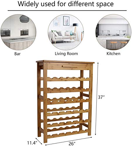 Kinlife Bamboo 6-Tiers Wine Rack with Drawer Free Standing Holder Storage Display Shelves for Storing 36 Bottles with Table Top