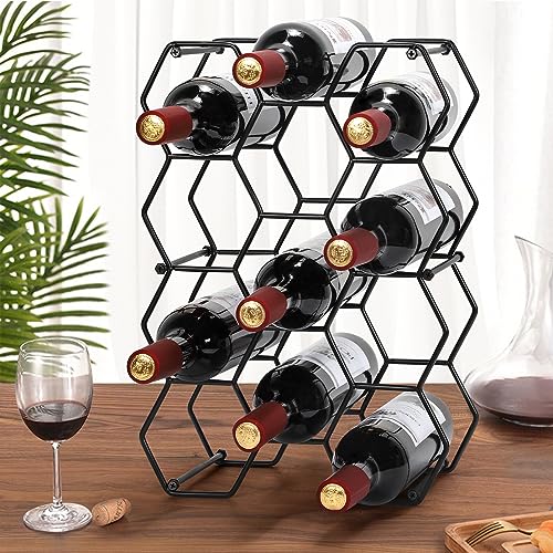 Set of 3 Countertop Wine Rack, 14 Bottle Wine Holder for Wine Storage, Freestanding Metal Wine Rack Honeycomb, Easy to Assembly, 3 Tier Tabletop Wine Holder for Cabinet, Pantry, Kitchen Bar(Black)