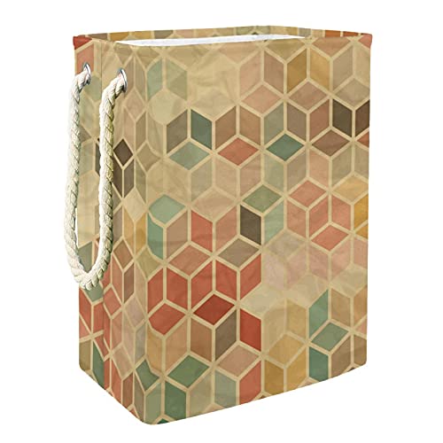 Laundry Basket With Handles Waterproof Collapsible Laundry Hamper For Storage Bins Kids Room Home Organizer Vintage 3D Geometric Square Pattern