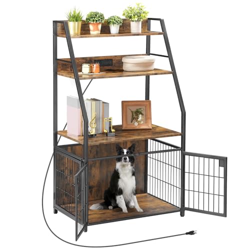 Dog Crate Furniture with Storage Shelves, 31.5 Inch Heavy Duty Dog Crate with Power Outlet, Wooden Dog Kennel Indoor Furniture for Small Medium Dogs, Three Doors, Rustic Brown and Black BF80UGW03