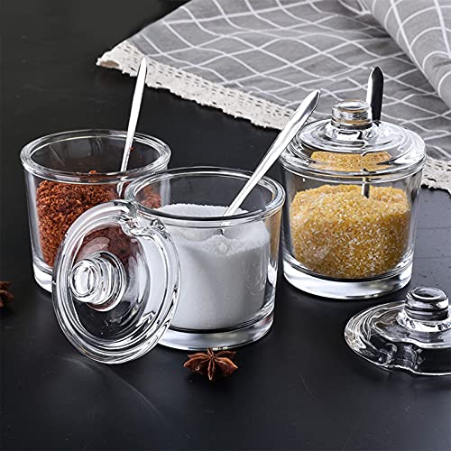 ZEAYEA Set of 2 Clear Glass Sugar Bowl, 6 Ounce Seasoning Box Condiment Pots with Spoon and Lid, Sugar Spice Salt Canister for Home Kitchen, Coffee Bar, Restaurant