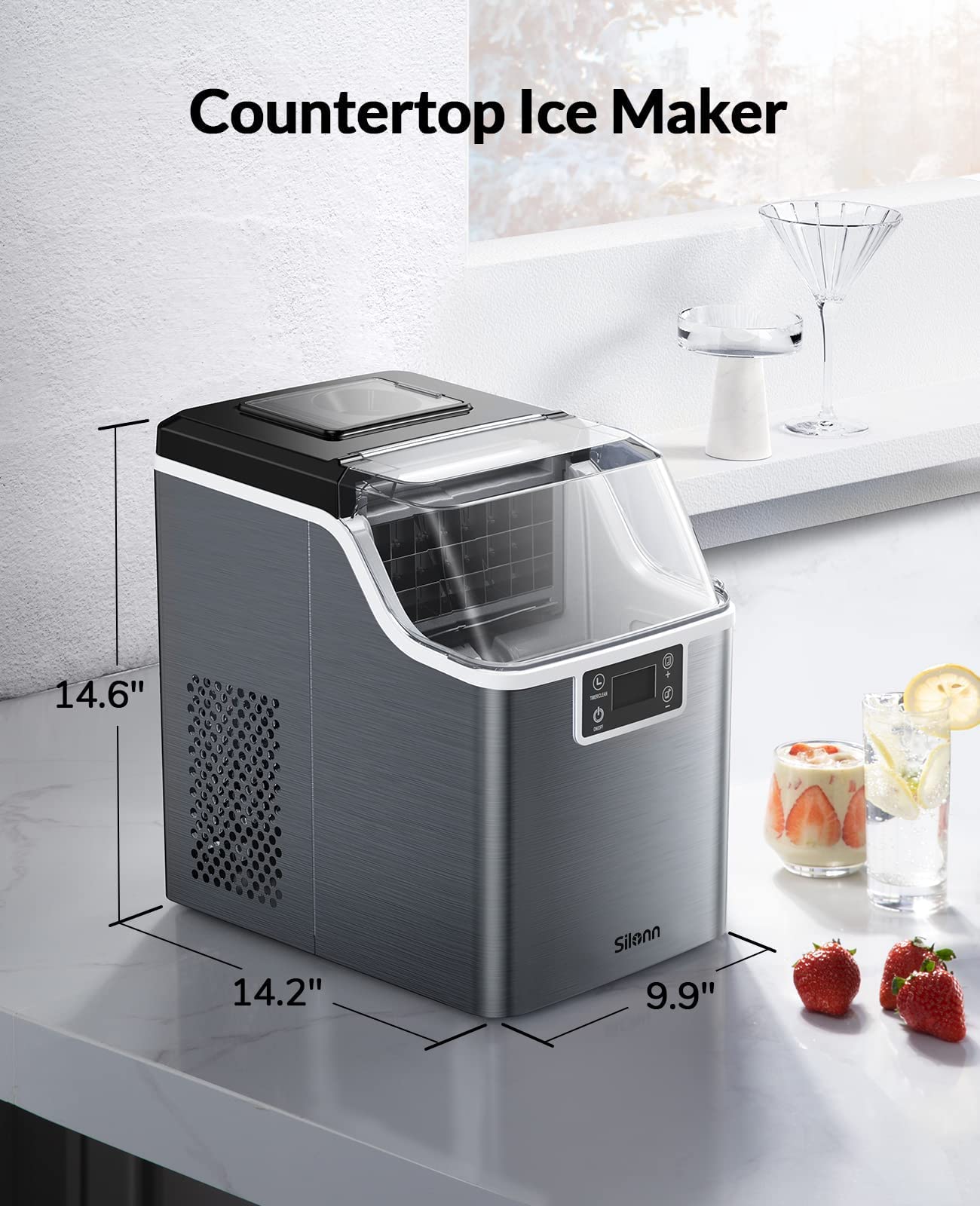 Silonn Countertop Ice Maker Machine, 26lbs in 24Hrs, Ice Cube Ready in 6-8 Mins, Self-Cleaning Ice Machine with Ice Scoop and Basket for Home Kitchen Office Bar Party