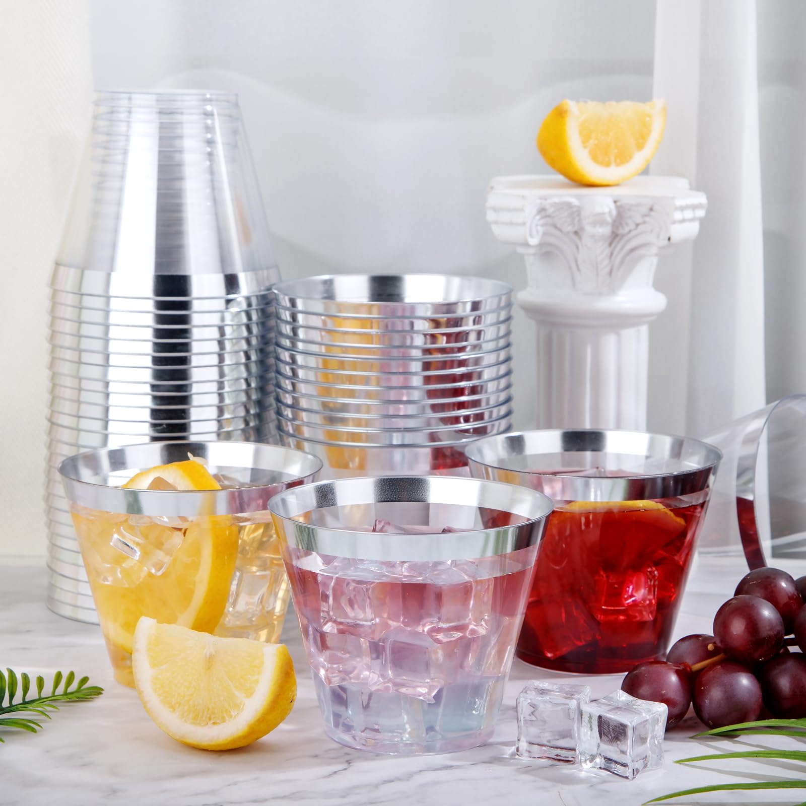 Nervure 240 PCS Silver Plastic Cups - 9Oz Silver Rimmed Plastic Cups - Heavy Duty Plastic Cups with Silver Rim Perfect for Weddings, Receptions & Parties