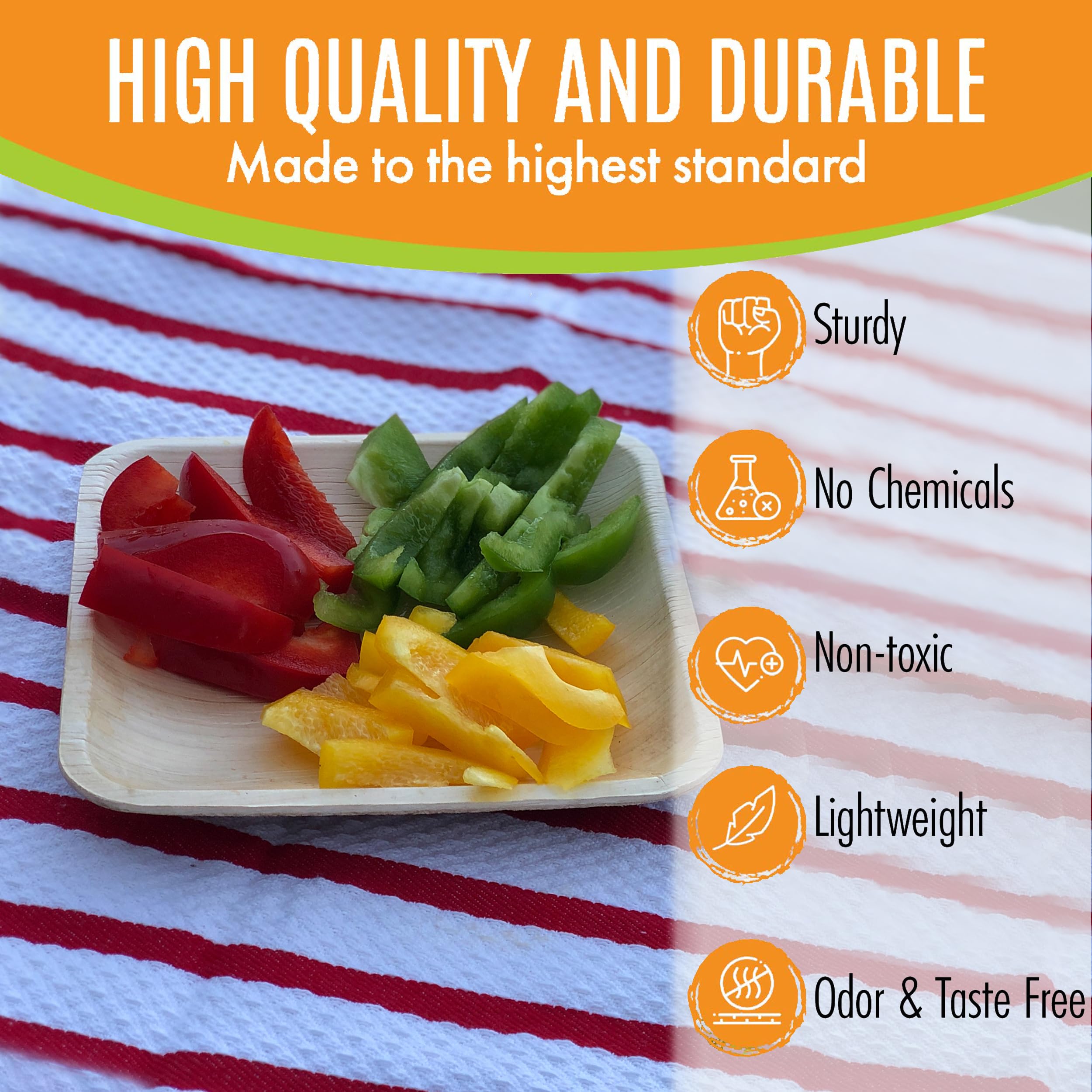 Raj Eco Compostable Palm Leaf Plates Like Bamboo Plates Disposable - 6 Inch Square 50 Party Plates, Natural Wooden, Eco-Friendly, Fancy Biodegradable & Disposable Dessert Appetizer Plates