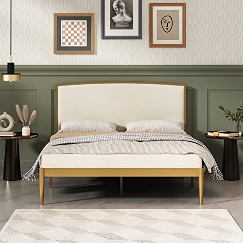 YUHUASHI Platform Metal Bed Frame, Simple Design, Linen-Covered Curved headboard, Metal Frame and Foot, Easy to Assemble and noiseless (Beige & Gold, Queen)