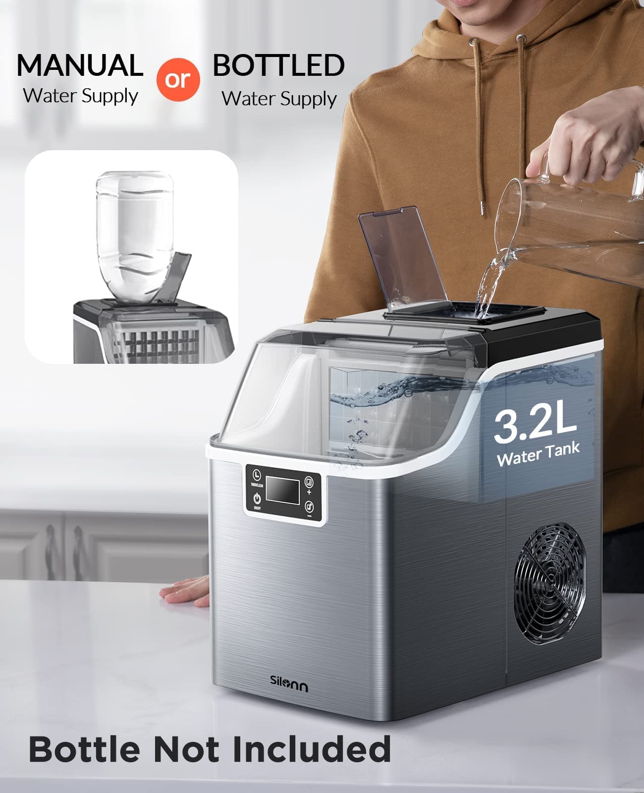 Silonn Countertop Ice Maker Machine, 26lbs in 24Hrs, Ice Cube Ready in 6-8 Mins, Self-Cleaning Ice Machine with Ice Scoop and Basket for Home Kitchen Office Bar Party