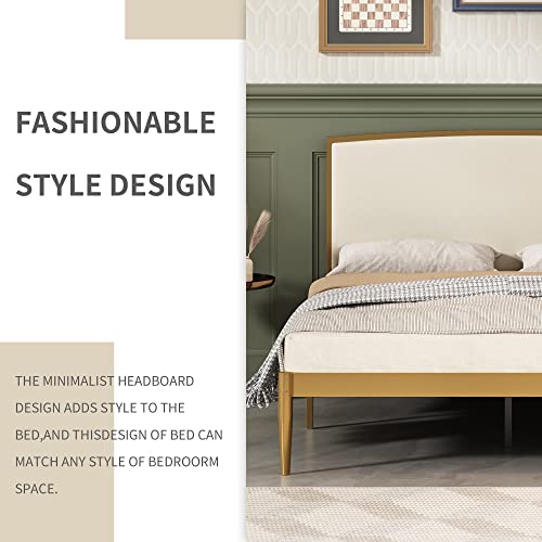 YUHUASHI Platform Metal Bed Frame, Simple Design, Linen-Covered Curved headboard, Metal Frame and Foot, Easy to Assemble and noiseless (Beige & Gold, Queen)