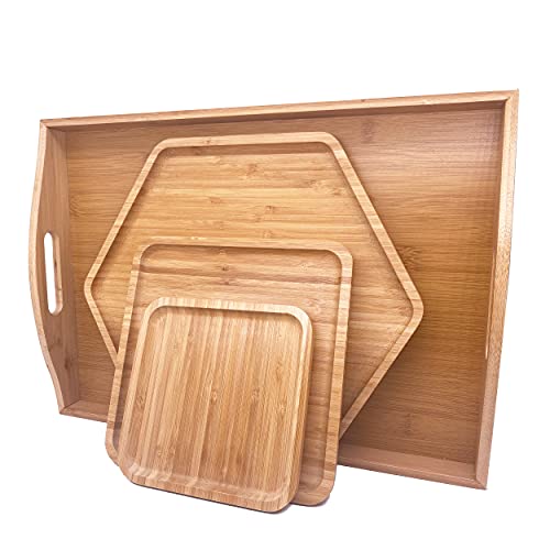 PAFREWOG Bamboo Serving Trays Charcuterie Platter 16.5"x11.8"(42x30cm with Handle, Set Includes 1xHexagon 12.5"(32cm)+1xSquare 7.8"(20cm)+1xSquare 5.9"(15cm) Small Plates for Family Dinner