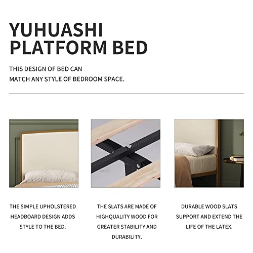 YUHUASHI Platform Metal Bed Frame, Simple Design, Linen-Covered Curved headboard, Metal Frame and Foot, Easy to Assemble and noiseless (Beige & Gold, Queen)