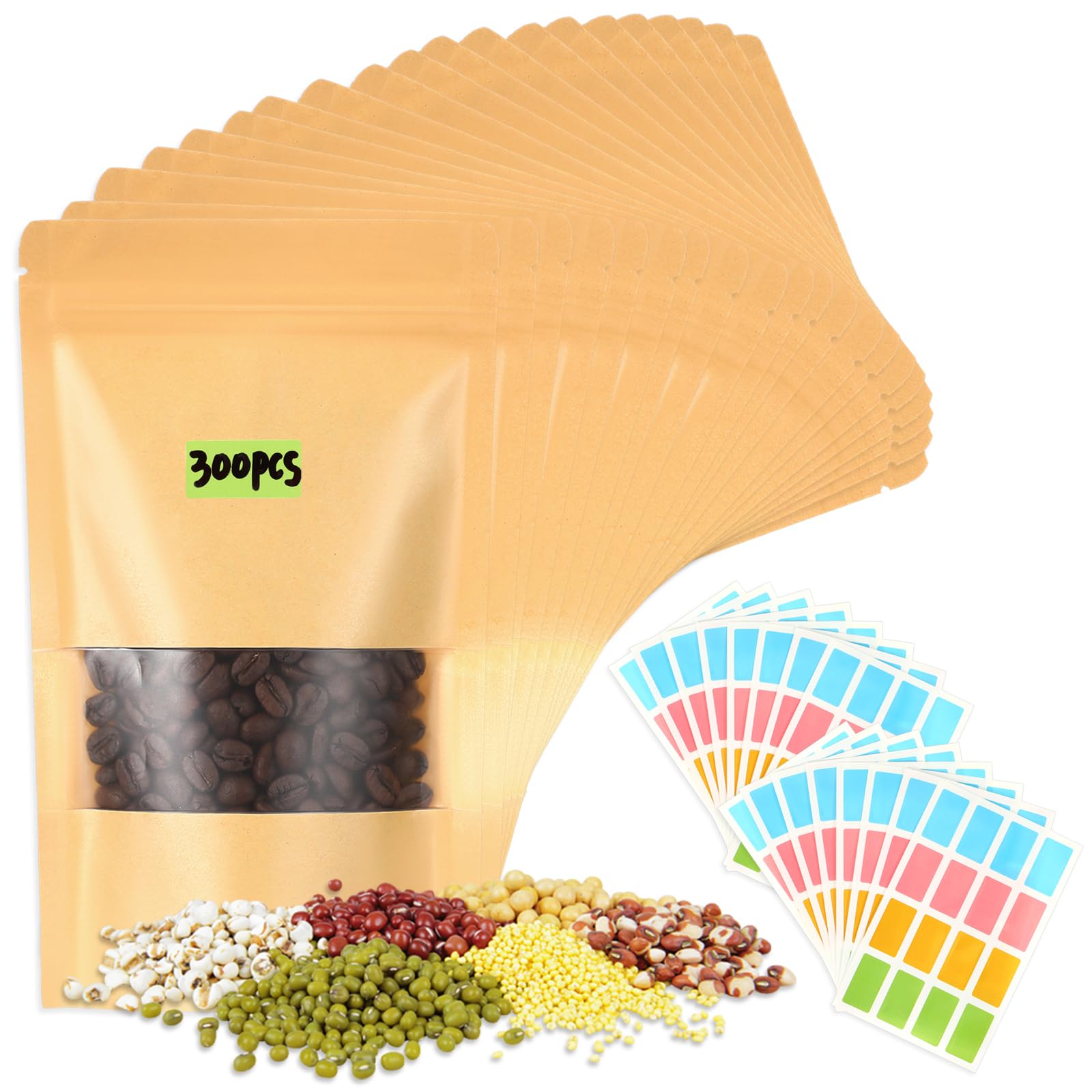 Ctosree 300 Pcs Kraft Pouch with Window Bulk Kraft Stand up Zipper Pouch 5 x 8 Inch Stand up Kraft Bags Kraft Zipper Pouch for Food Storage Reusable Heat Sealable Bag for Small Business Packaging Home