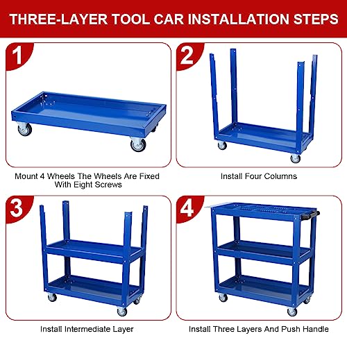 3-Tier Rolling Tool Cart, 330 LBS Capacity Heavy Duty Service Cart with Handle & Lockable Wheels, Rolling Trolley Storage Organizer with Adjustable Dividers, for Warehouse Garage