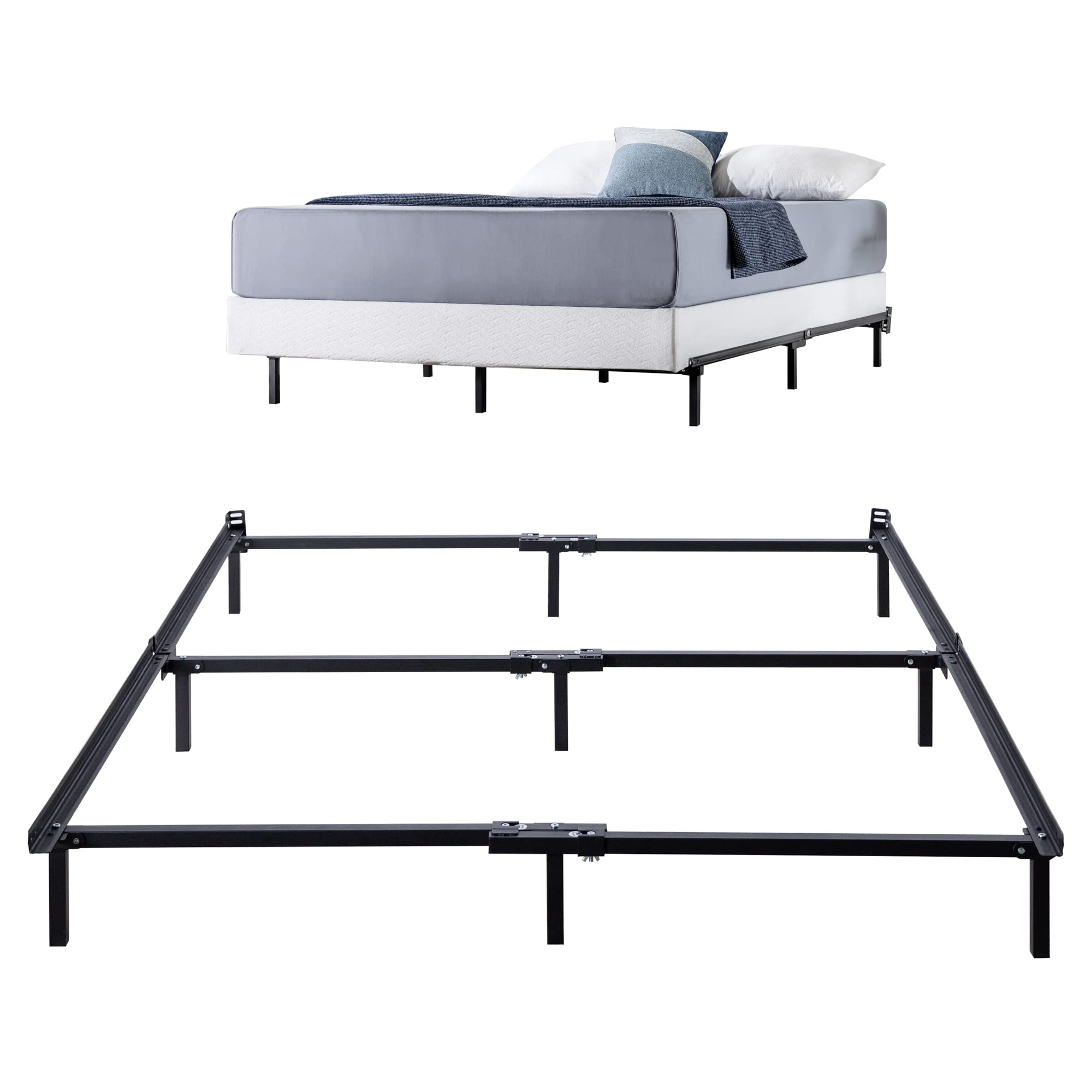 Zinus No Assembly Metal Box Spring / 7.5 Inch White Mattress Foundation/Sturdy Metal Structure, Split King & Compack Metal 7 Inch Support Bed Frame for Box Spring and Mattress Set, Black, King
