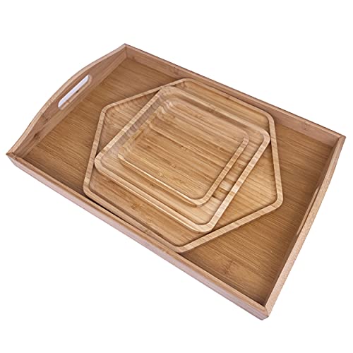 PAFREWOG Bamboo Serving Trays Charcuterie Platter 16.5"x11.8"(42x30cm with Handle, Set Includes 1xHexagon 12.5"(32cm)+1xSquare 7.8"(20cm)+1xSquare 5.9"(15cm) Small Plates for Family Dinner