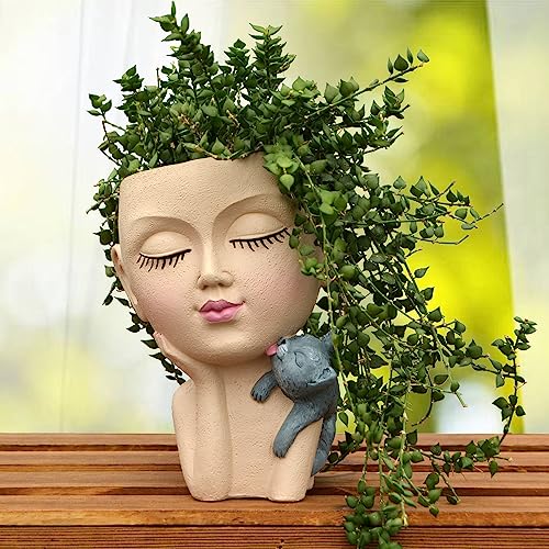 JYTTI Face Planters Pots Head Planter, Face Planter, Face Plant Pot Heads, Statue Plant Pots Indoor, Succulent Flower Pots with Drainage, Cat Lady Planters for Indoor/Outdoor Plants(7 Inch Khaki)