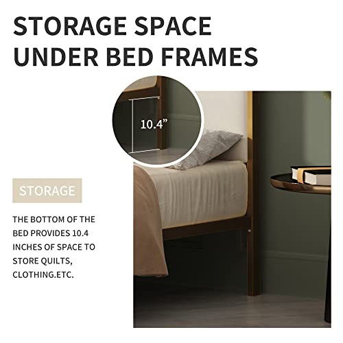 YUHUASHI Platform Metal Bed Frame, Simple Design, Linen-Covered Curved headboard, Metal Frame and Foot, Easy to Assemble and noiseless (Beige & Gold, Queen)