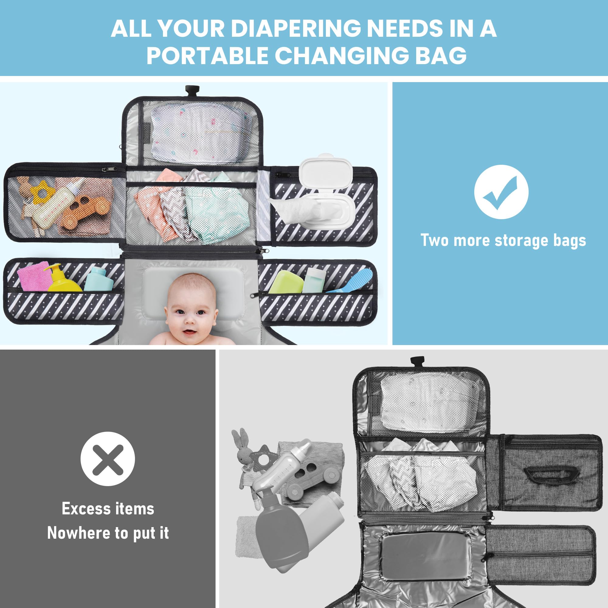 Portable Changing Pad, Waterproof Baby Changing Pad with 4 Storage Pockets, Detachable & Portable Diaper Changing Pad Newborn Baby Essentials, Travel Changing Pad for Baby Shower Gifts