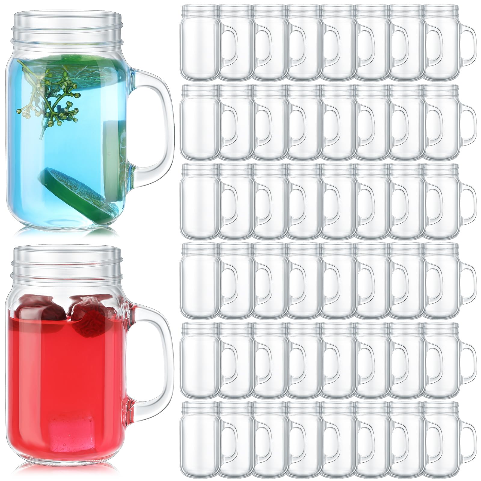 Dandat 50 Pcs 16 oz Glass Mason Drinking Jars Bulk with Handle Mason Jar Cups Mugs No Lids Clear Canning Jars with Handles for Farmhouse Kitchen Beer Cold Beverages Juice Coffee Sodas Cocktails Shakes