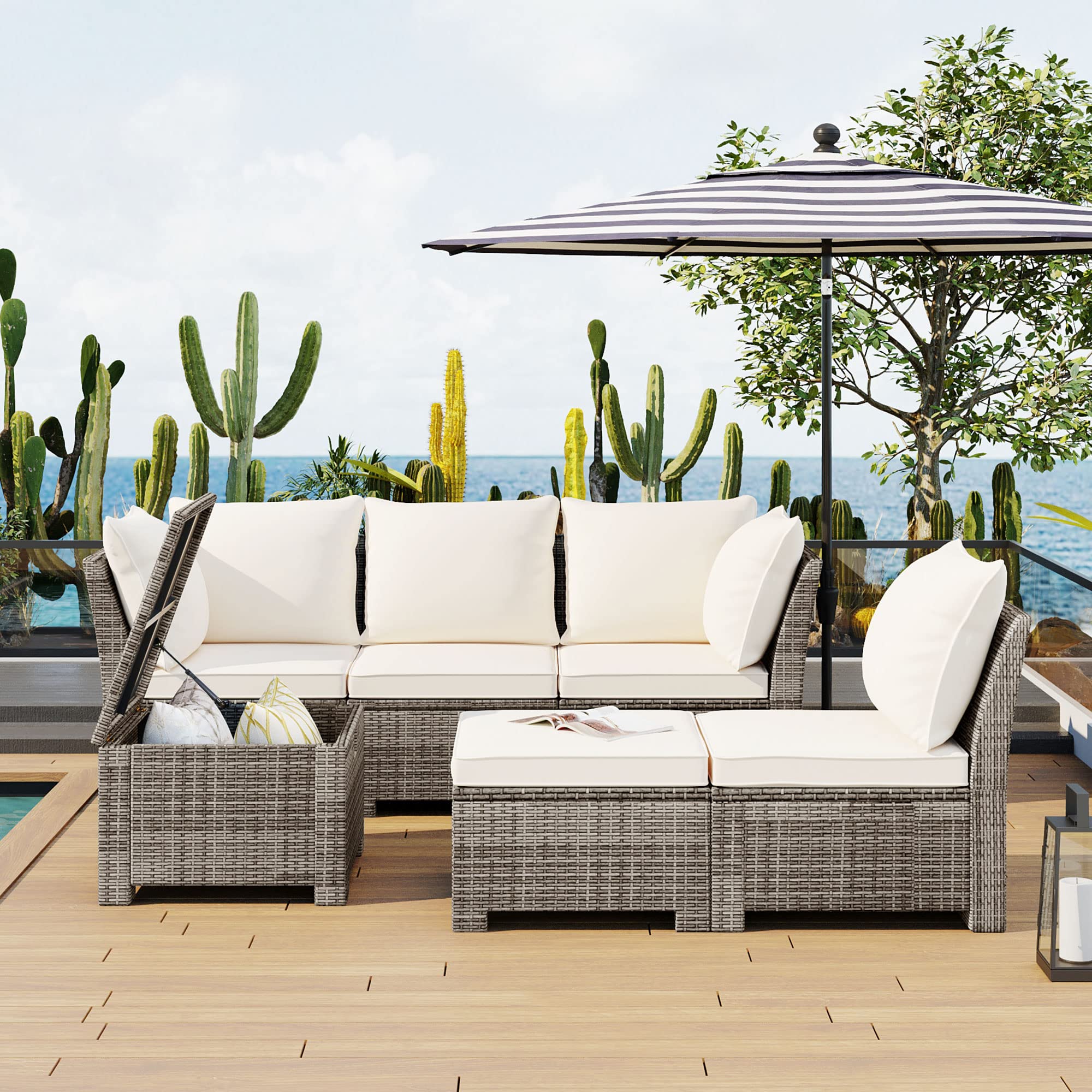UBGO 6-Piece Outdoor Terrace Furniture Set, PE Wicker Rattan Sofa with 2 Corner Chairs, 2 Single Chairs, 1 Ottoman and 1 Storage Table, All-Weather Conversational Furniture, Beige