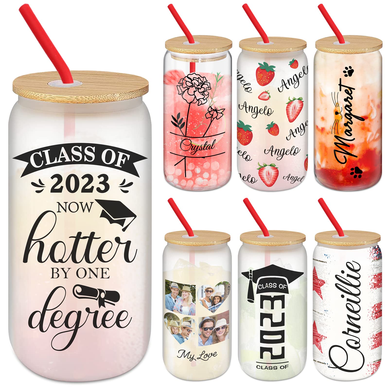 Personalized Glass Cups with Bamboo Lids and Straws Custom Name Photo Sublimation Drinking Glass Can Tumbler 16oz Customized Ice Coffee Cup Gift for Birthday Wedding Graduation Anniversary Party