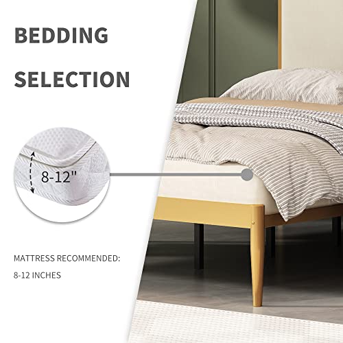 YUHUASHI Platform Metal Bed Frame, Simple Design, Linen-Covered Curved headboard, Metal Frame and Foot, Easy to Assemble and noiseless (Beige & Gold, Queen)