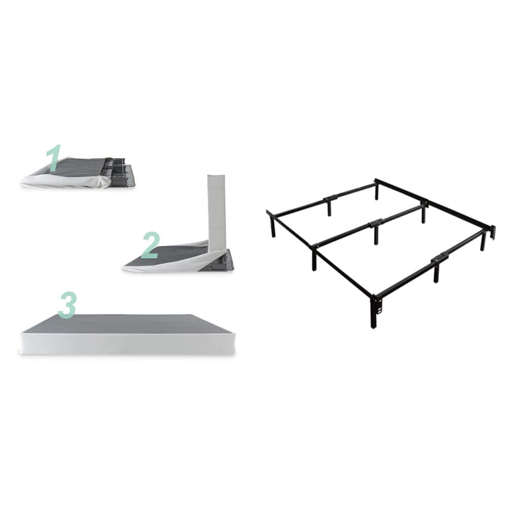 Zinus No Assembly Metal Box Spring / 7.5 Inch White Mattress Foundation/Sturdy Metal Structure, Split King & Compack Metal 7 Inch Support Bed Frame for Box Spring and Mattress Set, Black, King