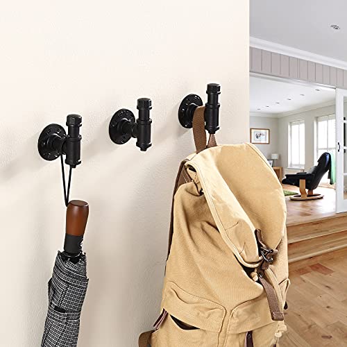 KES Industrial Pipe Black Towel Hook, Bathroom Coat Hook Wall Mounted, Robe Hook Heavy Duty for Hanging Coat Iron 4 Pack, BRH500-BK-P4
