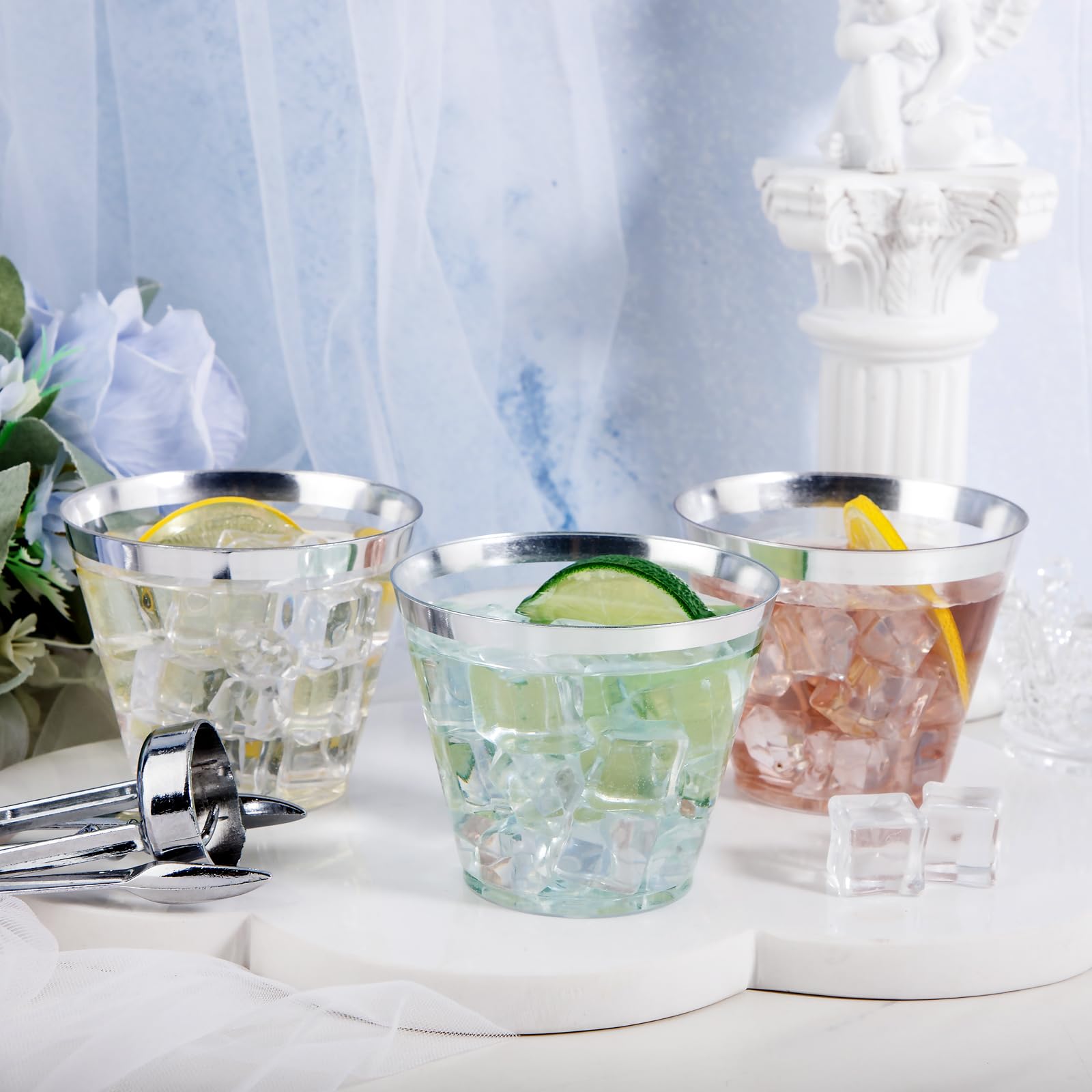 Nervure 240 PCS Silver Plastic Cups - 9Oz Silver Rimmed Plastic Cups - Heavy Duty Plastic Cups with Silver Rim Perfect for Weddings, Receptions & Parties