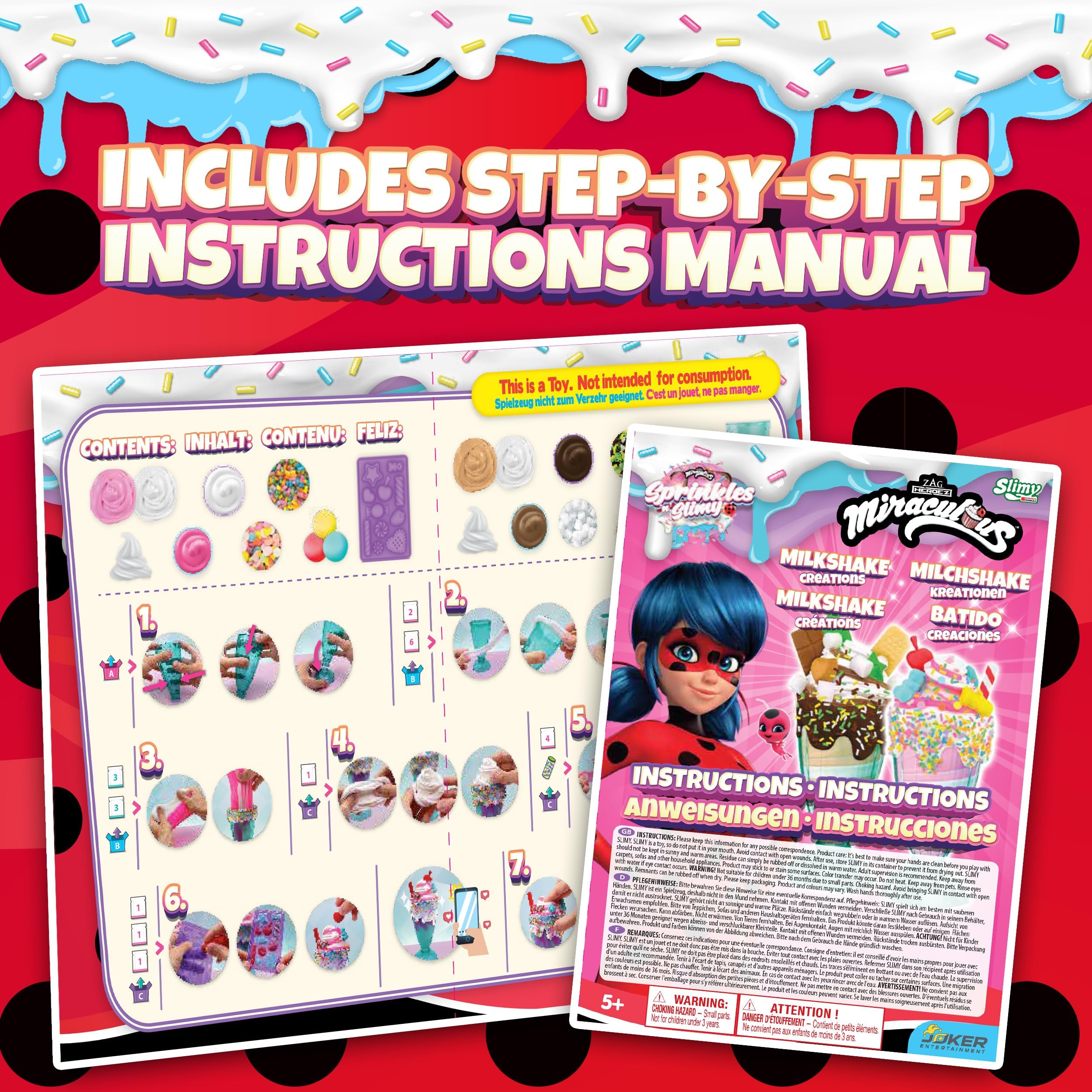 Miraculous Ladybug Sprinkles n' Slimy Kit - DIY Milkshake Slime with Milkshake Cup, Molds, Slime, Topping - Fun and Creative Craft Kit, Role Play Toys for Kids - Safe & Non-Toxic Ingredients