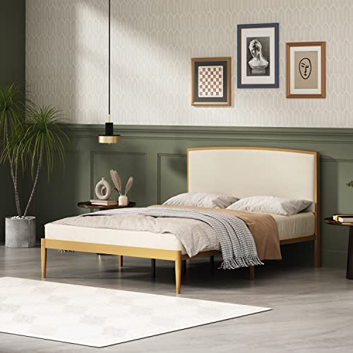 YUHUASHI Platform Metal Bed Frame, Simple Design, Linen-Covered Curved headboard, Metal Frame and Foot, Easy to Assemble and noiseless (Beige & Gold, Queen)