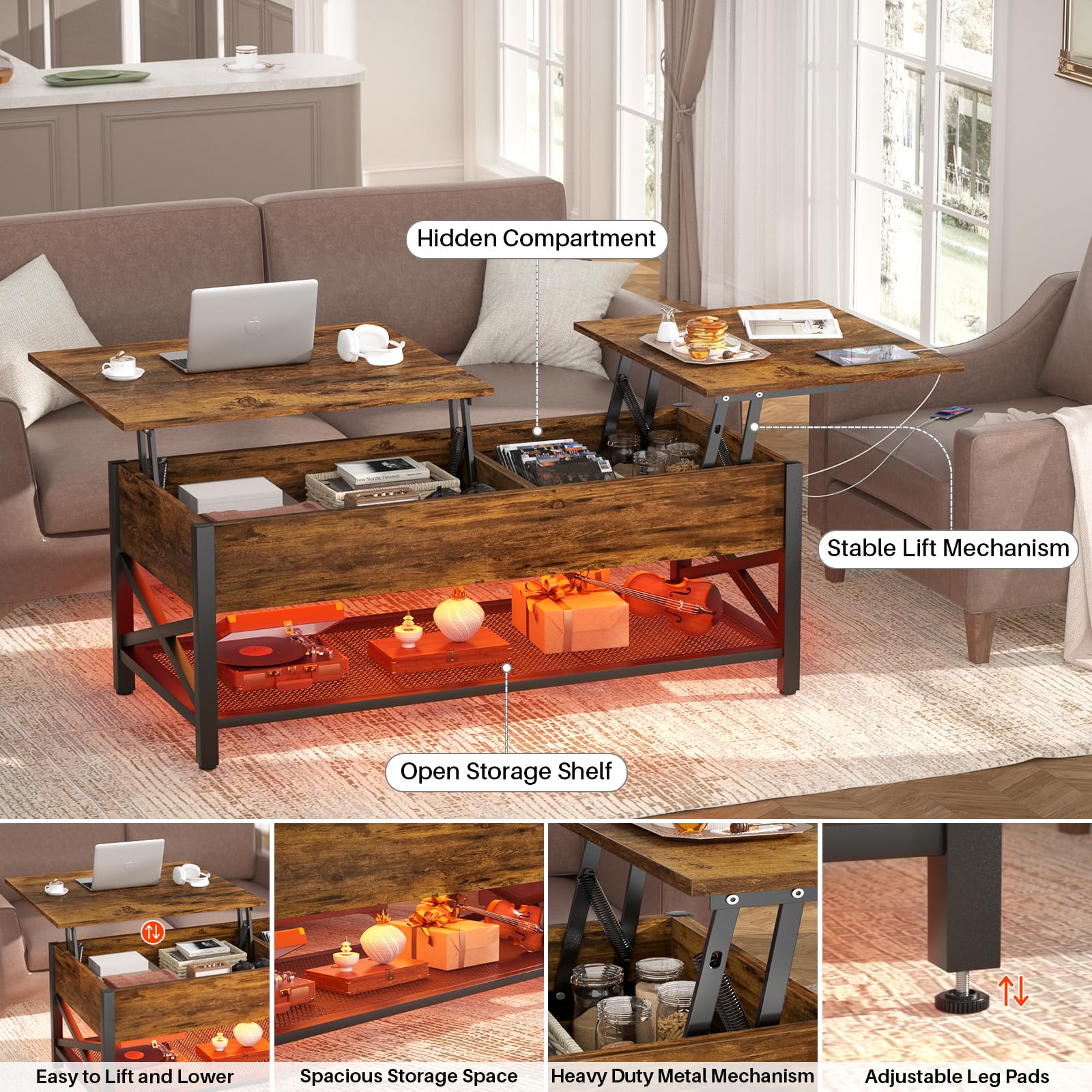 Aheaplus Coffee Table, Lift Top Coffee Table with LED Light and Power Outlet, Modern Lift-Top Center Table with Storage Shelf, for Living Room with Lift Tabletop, X Support Metal Frame, Rustic Brown