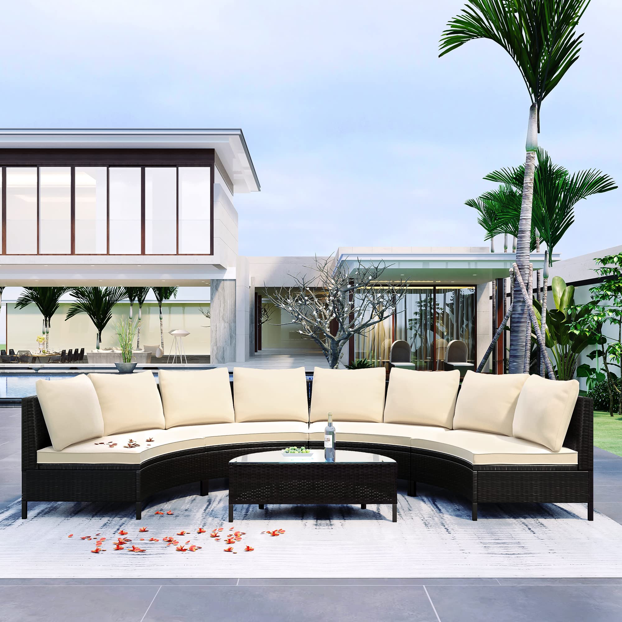 BIADNBZ 5 Pieces Patio Furniture Weather PE Wicker Modular Outdoor Sectional Sofa Half-Moon Conversation Couch Set with Tempered Glass Table, 47.6 inch, Brown Rattan+Beige Cushion