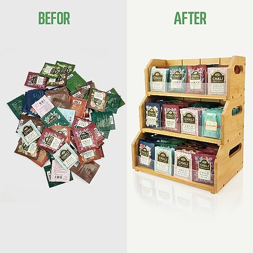 Bamboo Tea Bag Storage Containers- Tea Organizer for Tea Bags Cabinet- Tea Caddy Packet Rack Teabag Shelf Coffee Holders for Office Kitchen- Wooden 3 Tier