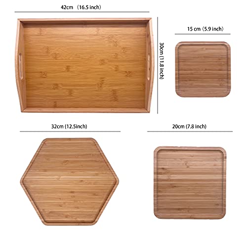 PAFREWOG Bamboo Serving Trays Charcuterie Platter 16.5"x11.8"(42x30cm with Handle, Set Includes 1xHexagon 12.5"(32cm)+1xSquare 7.8"(20cm)+1xSquare 5.9"(15cm) Small Plates for Family Dinner