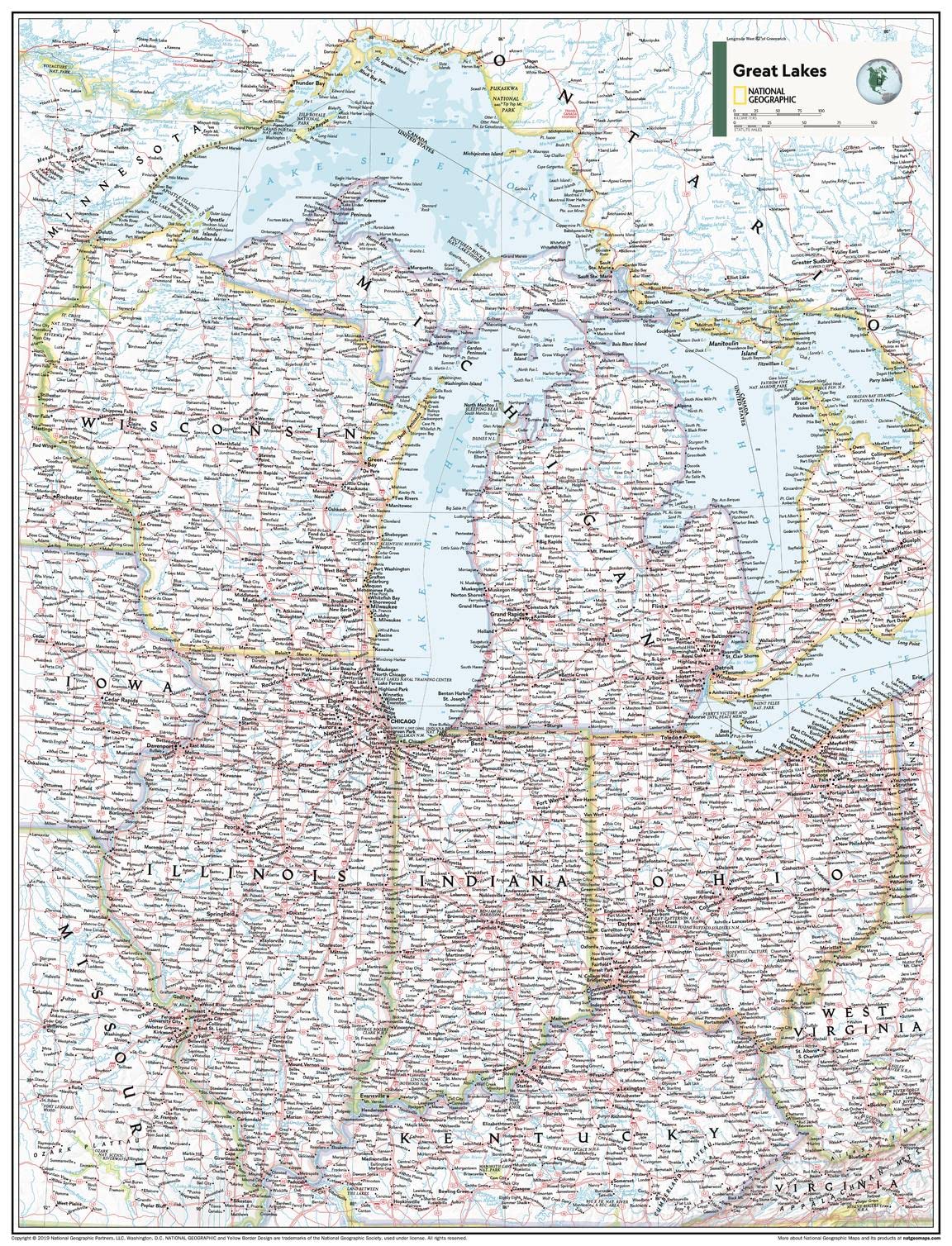 National Geographic Maps: Great Lakes U.S.A Wall Map - 31 x 24 inches - Rolled Canvas