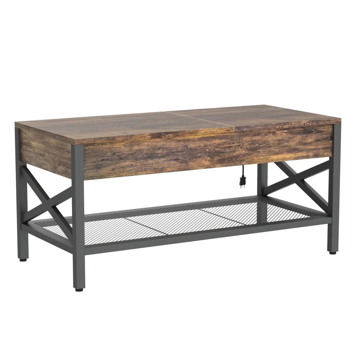 Aheaplus Coffee Table, Lift Top Coffee Table with LED Light and Power Outlet, Modern Lift-Top Center Table with Storage Shelf, for Living Room with Lift Tabletop, X Support Metal Frame, Rustic Brown