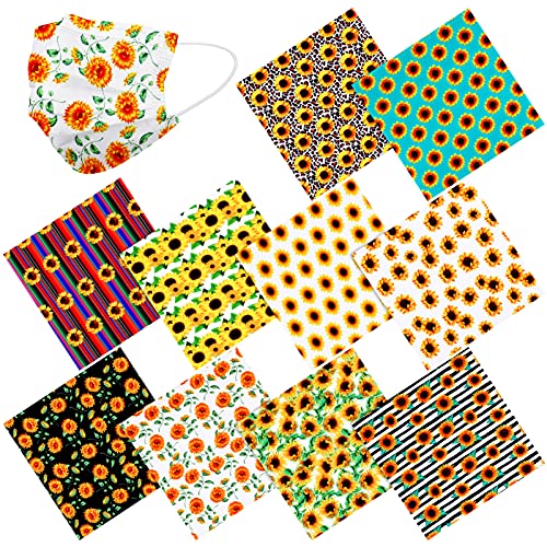 Konsait 10 Pcs Sunflower Fabric, 9.5" x 9.5" Quilters Fabric Squares for Sewing Patchwork, Pre- Cut Bohemia Leopard Print Quarters Quilting Bundles for Handmade Crafts Home Decoration Supplies