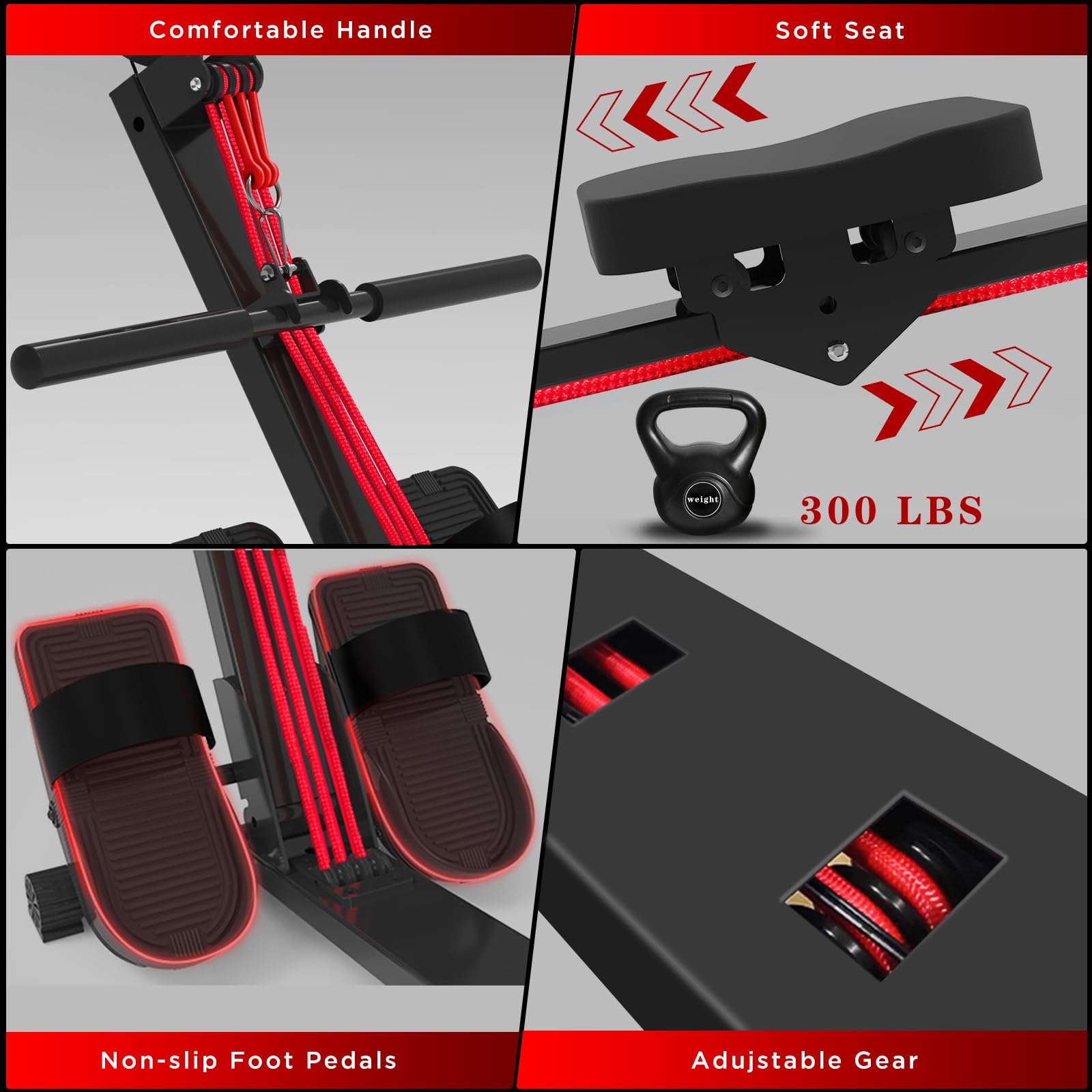 Rowing Machine Foldable, Fitness Rower Machines Cardio Training Adjustable Elastic Portable Compact Rower for Home Use Strength Equipment LCD Display Loading 300 LBS (Black-Red)
