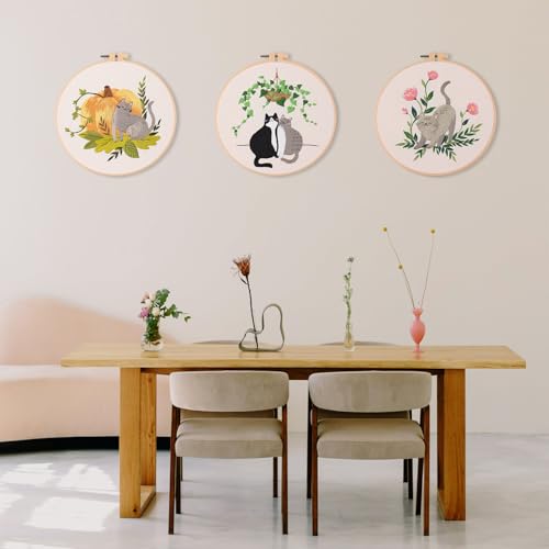 BTQKIK 3 Pack Embroidery Kit for Beginners Adults,Cat Embroidery Kit,Cross Stith Kits,Hobbies for Women with 3 Instrutions,3 Embroidery Cloth,3 Embroidery Hoops,6 Needles