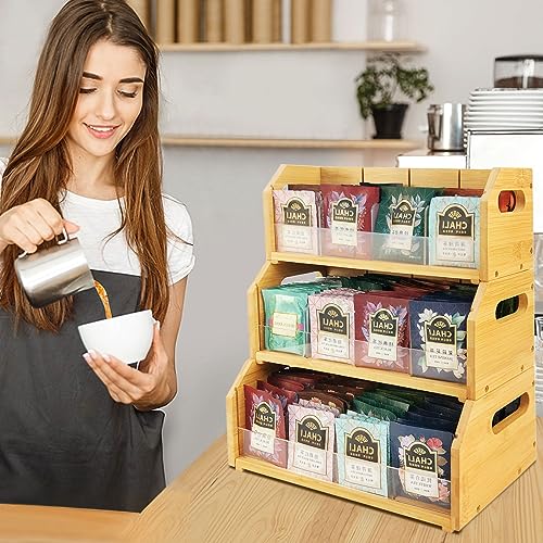 Bamboo Tea Bag Storage Containers- Tea Organizer for Tea Bags Cabinet- Tea Caddy Packet Rack Teabag Shelf Coffee Holders for Office Kitchen- Wooden 3 Tier