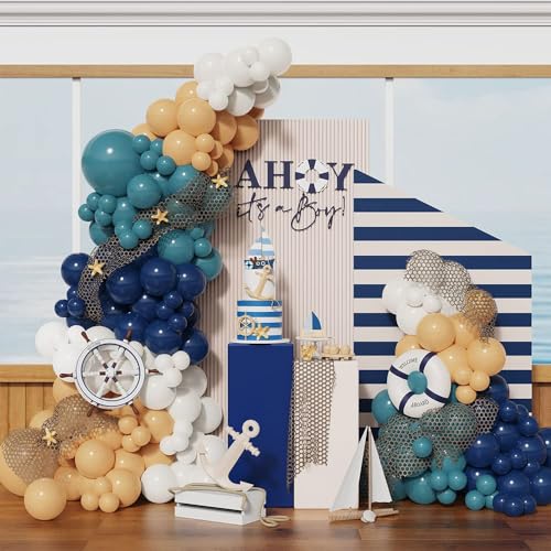 Nautical Anchor Party Balloon Arch Garland Kit,139PCS Navy Blue Dusty Blue Balloons for Baby Shower Ahoy It's A Boy Sailor Navigation Under The Sea Ocean Birthday Party Decoration Supplies