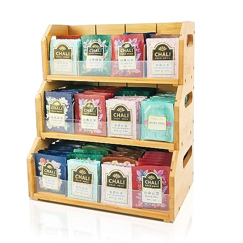 Bamboo Tea Bag Storage Containers- Tea Organizer for Tea Bags Cabinet- Tea Caddy Packet Rack Teabag Shelf Coffee Holders for Office Kitchen- Wooden 3 Tier