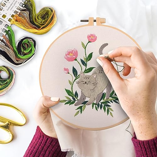 BTQKIK 3 Pack Embroidery Kit for Beginners Adults,Cat Embroidery Kit,Cross Stith Kits,Hobbies for Women with 3 Instrutions,3 Embroidery Cloth,3 Embroidery Hoops,6 Needles