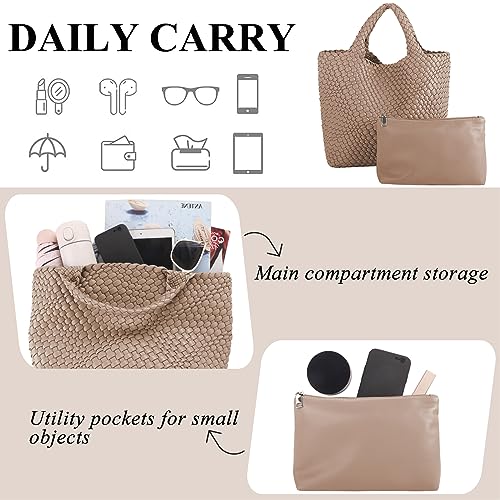 Women Vegan Leather Woven Bag, Tote Handbag Large Capacity Shoulder Top-handle Bag Underarm Bag with Purse